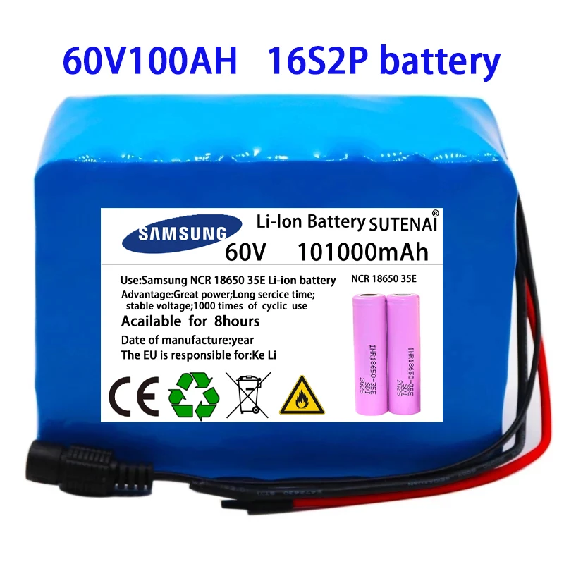 60V 16S2P 100Ah 18650 Li ion Battery Pack 67.2V Lithium Ion 101000mAh Ebike Electric bicycle ...