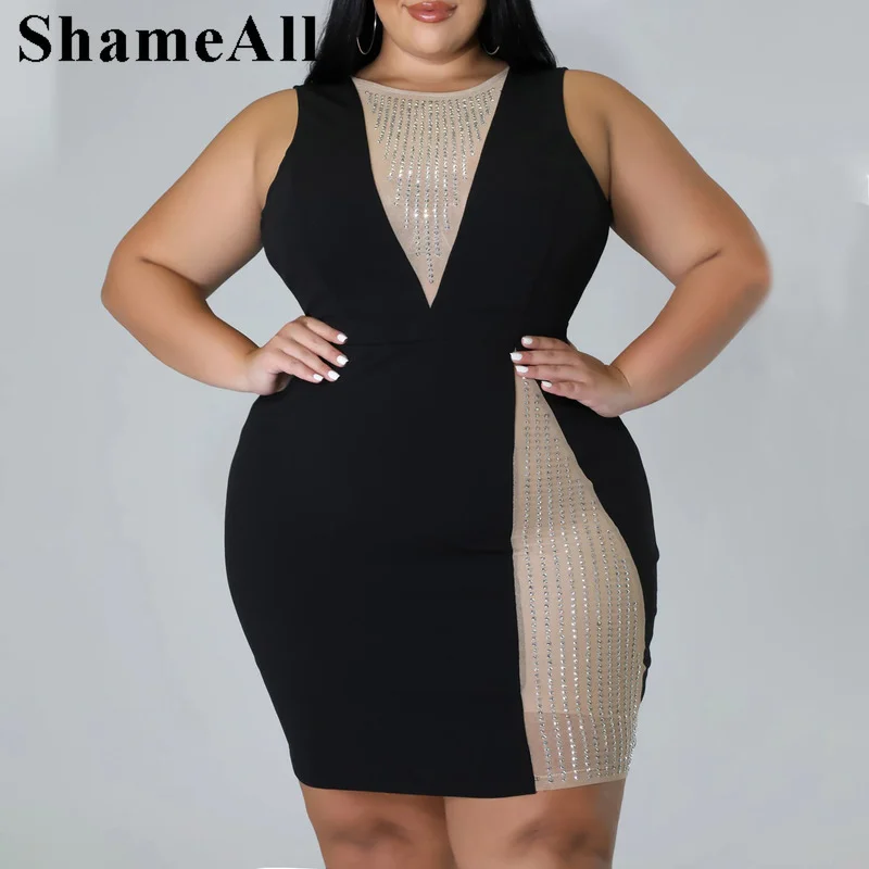 Plus-Size-Shiny-Crystal-Rhinestone-Night-Party-Club-Mini-Dress-for ...