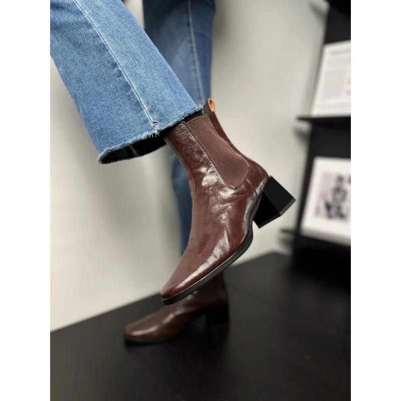 Autumn-and-Winter-Square-Toe-British-Medium-Heel-Short-Boots-Brown ...