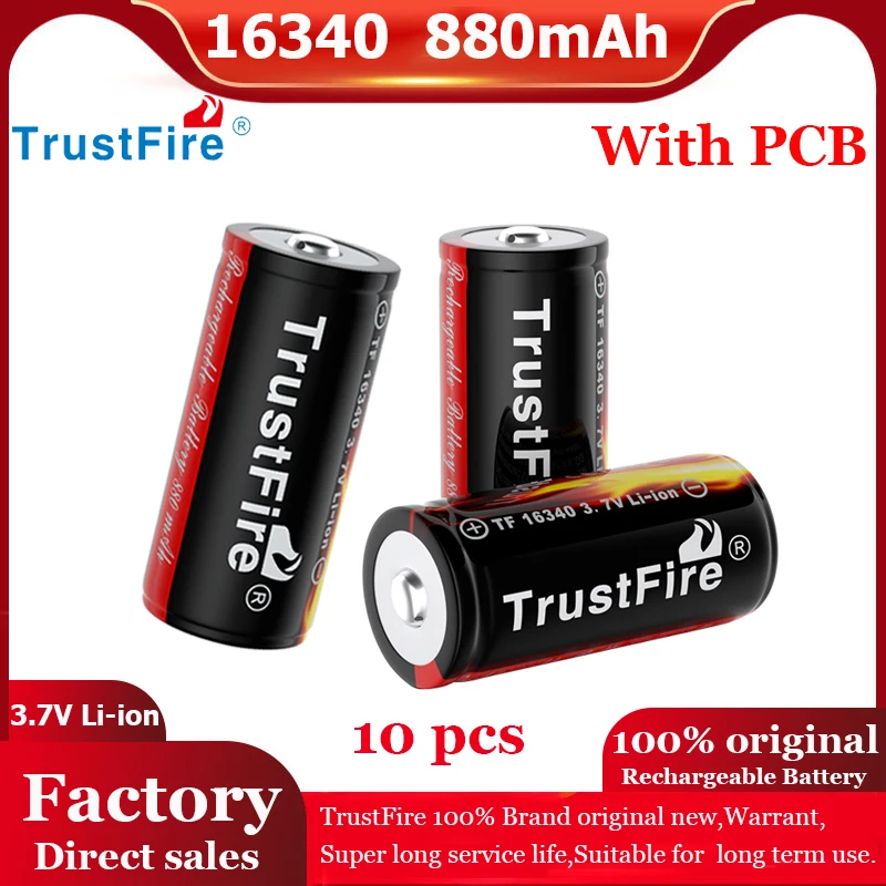 TrustFire Original 16340 880mAh 3.7V Rechargeable Li ion Battery 500 ...