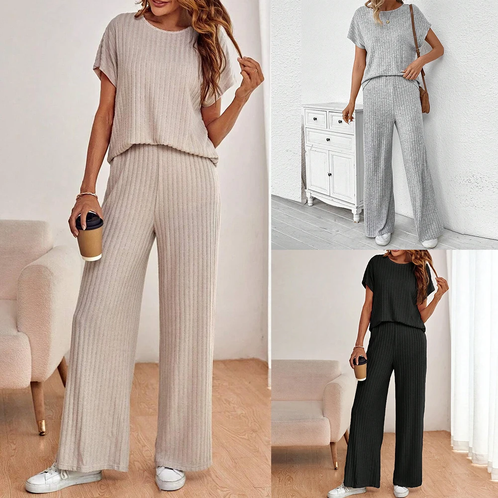 Women Casual Knit Top Trouser Set O-Neck Simple Knitted Top Trouser ...