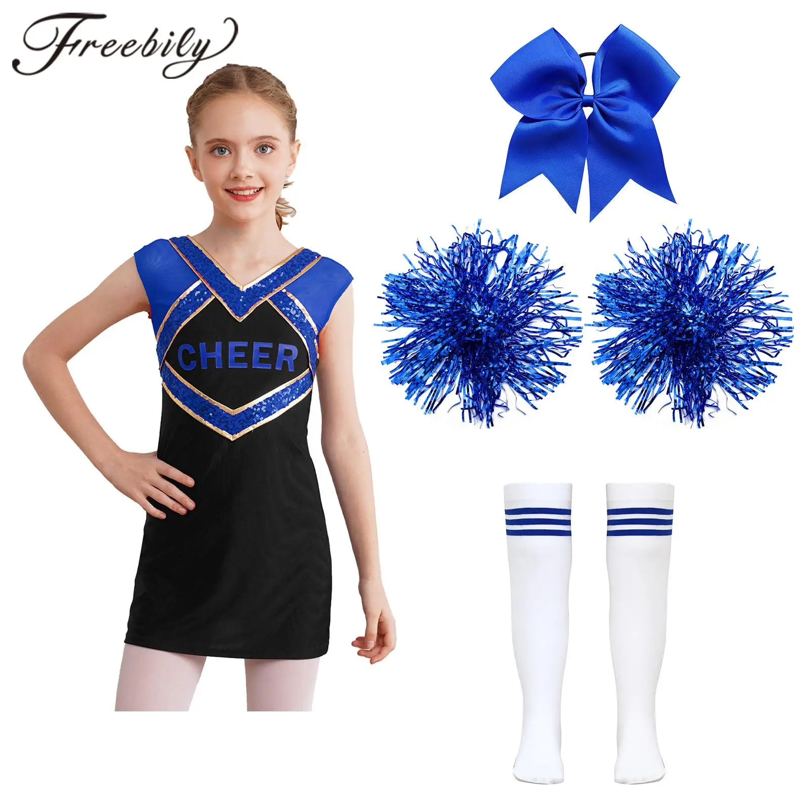 Kids-Girls-Cheerleading-Outfits-Sleeveless-Dress-Headwear-Hand-Flowers ...