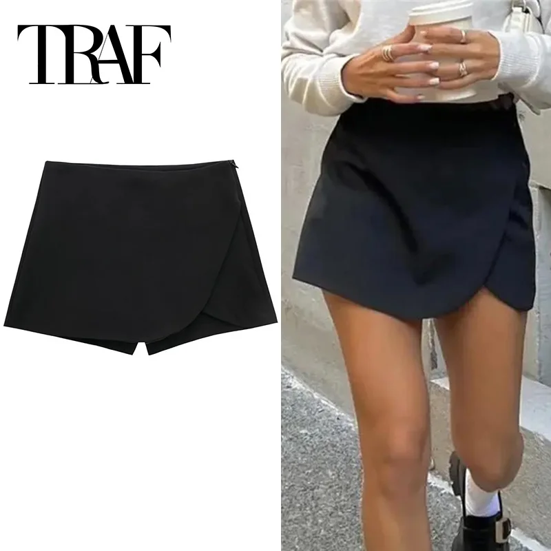 TRAF-Mini-jupe-noire-pour-femme-short-asym-trique-taille-haute-jupes ...
