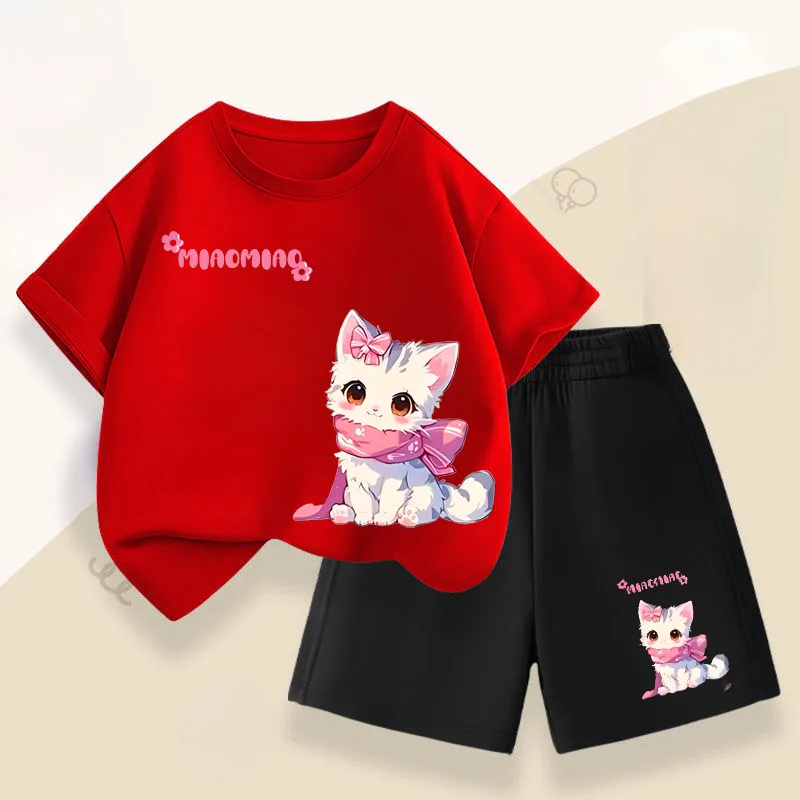 Summer New Style Kids Casual Outfits Cute Cat Printed Baby Girls Short ...