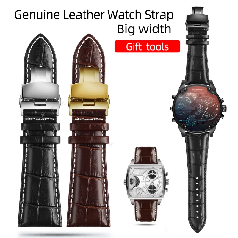 23mm 24mm 26mm 28mm Big width Black brown Alligator Genuine Leather ...