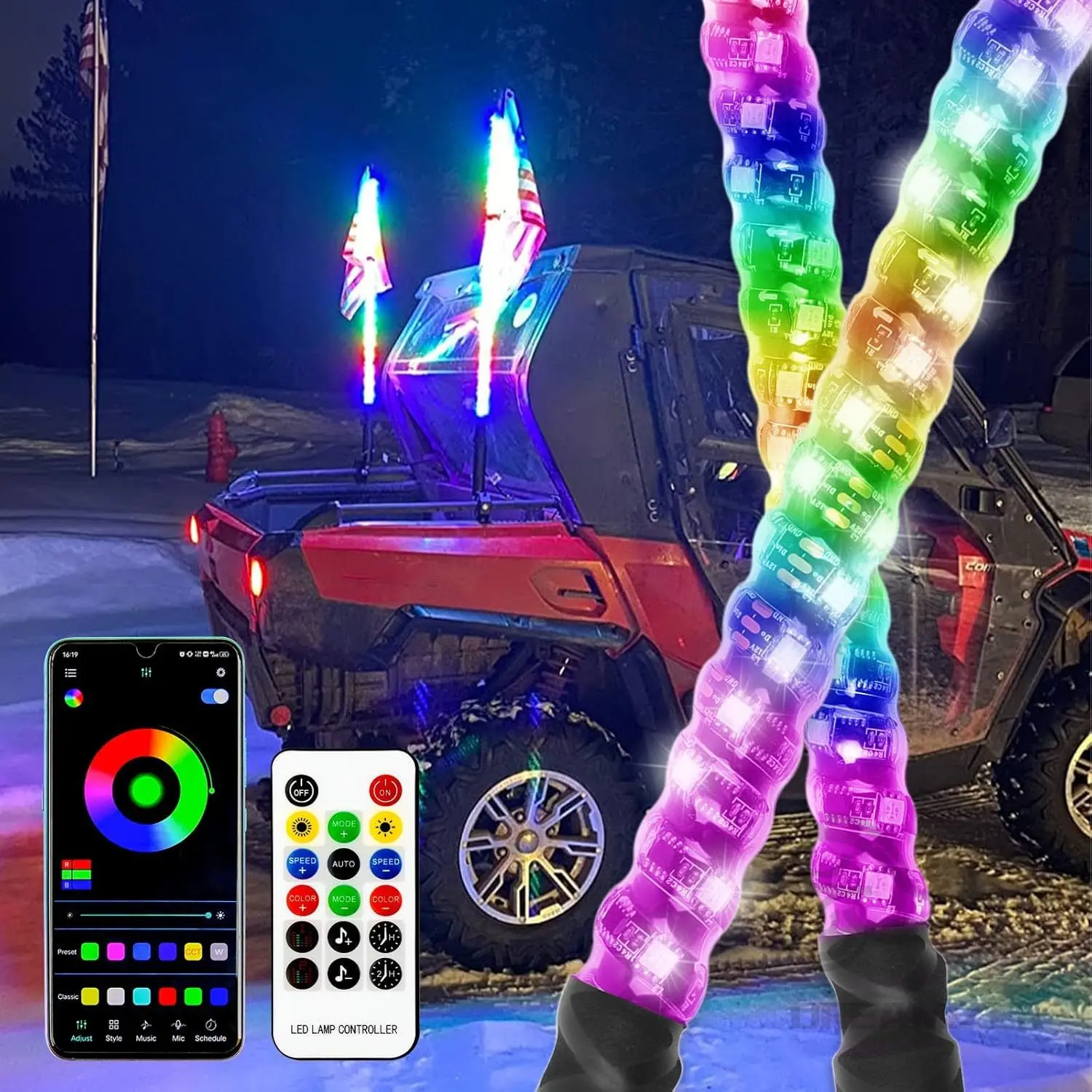 2PCS 2ft Spiral RGB LED Whip Light for UTV ATV Flag Waterproof LED ...