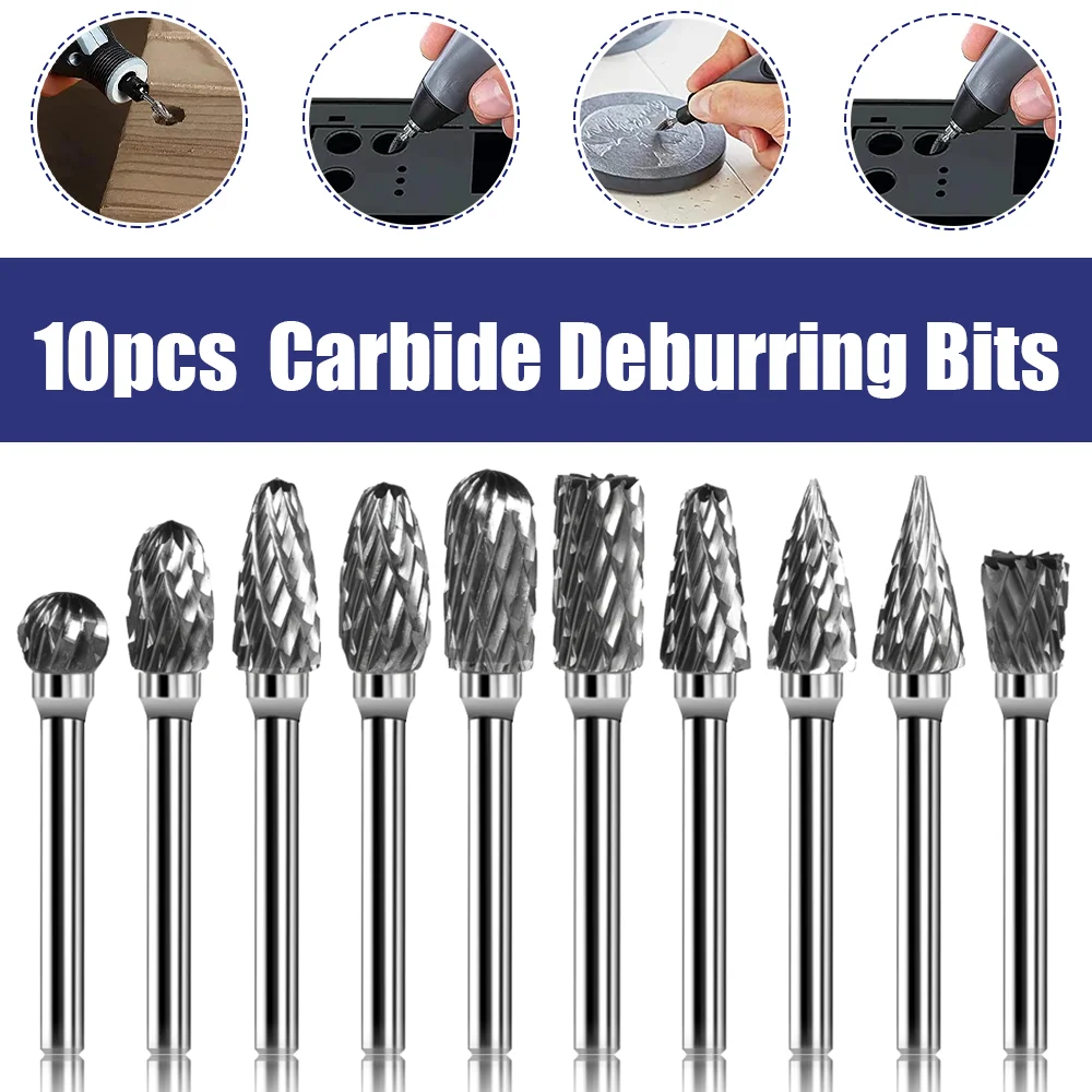 10 Pieces Rotary Carbide Tipped Drill Bit Set Metal Grinding Burr ...