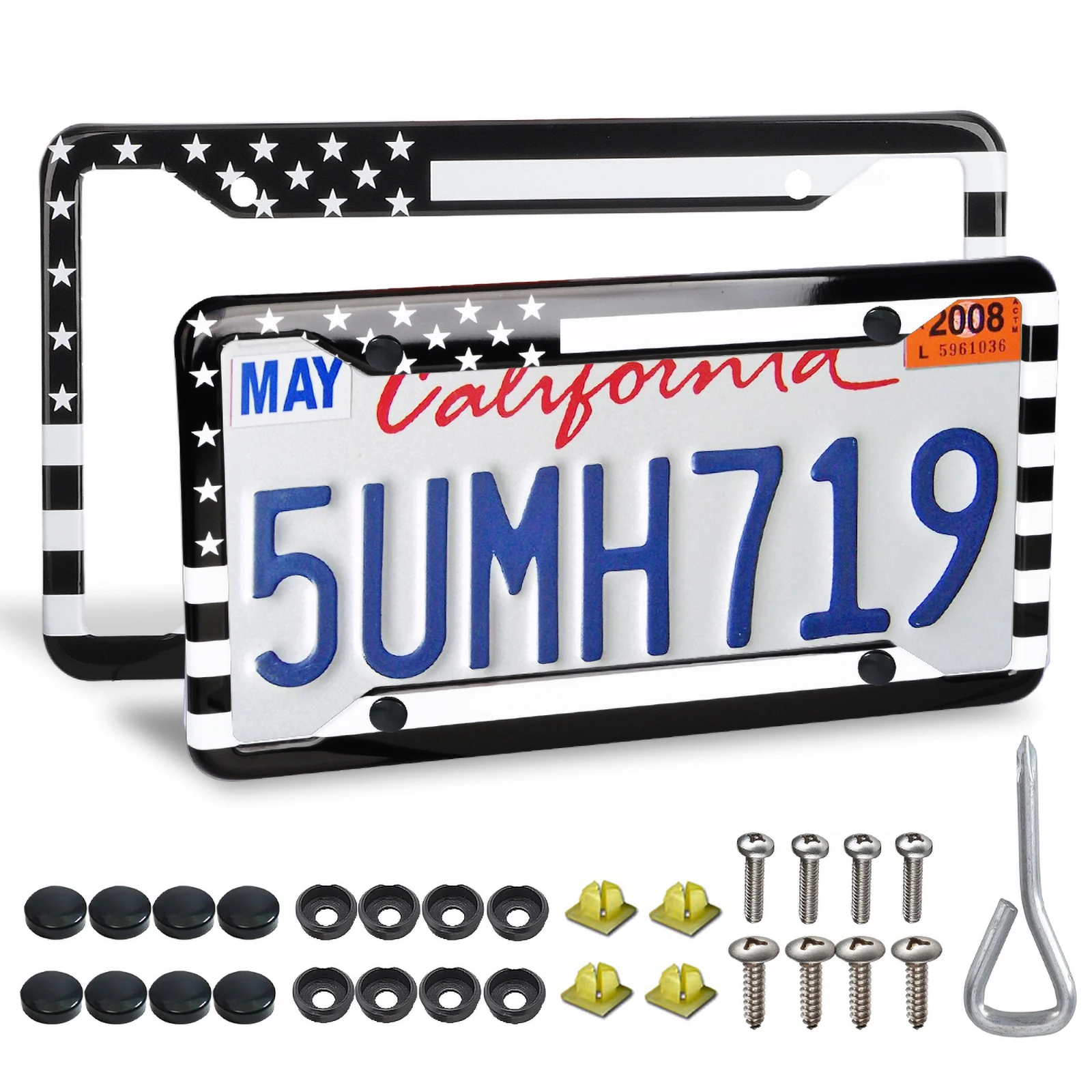 2PCS-Front-Rear-American-Flag-Car-License-Plate-Holder-Black-Aluminum ...