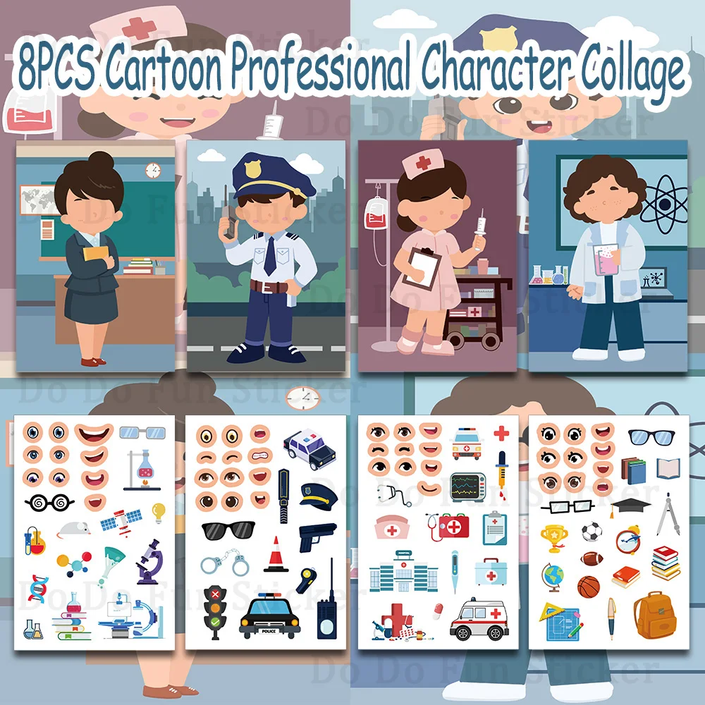8PCS Cartoon Doctor Nurse Police Scientist Professional Character ...