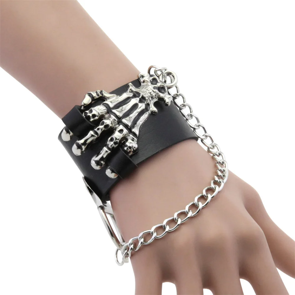 Goth-Black-PU-Leather-Skull-Finger-Wrist-Chains-Rings-Bracelets-Women ...