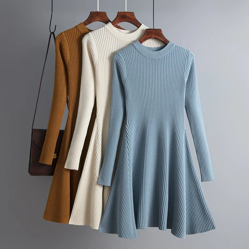 Autumn Winter Knit Dress Short Aline Thick Sweater Dress Elegant Women ...