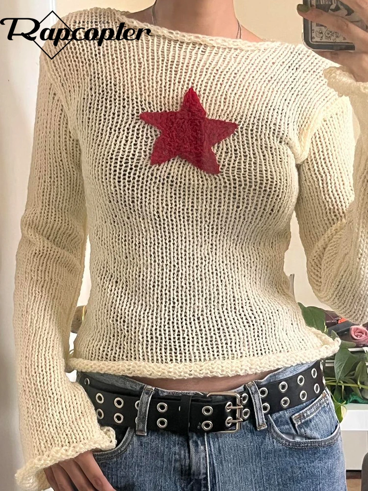 Rapcopter y2k Star Sweaters Grunge Cute Slim Slash Neck Jumpers ...