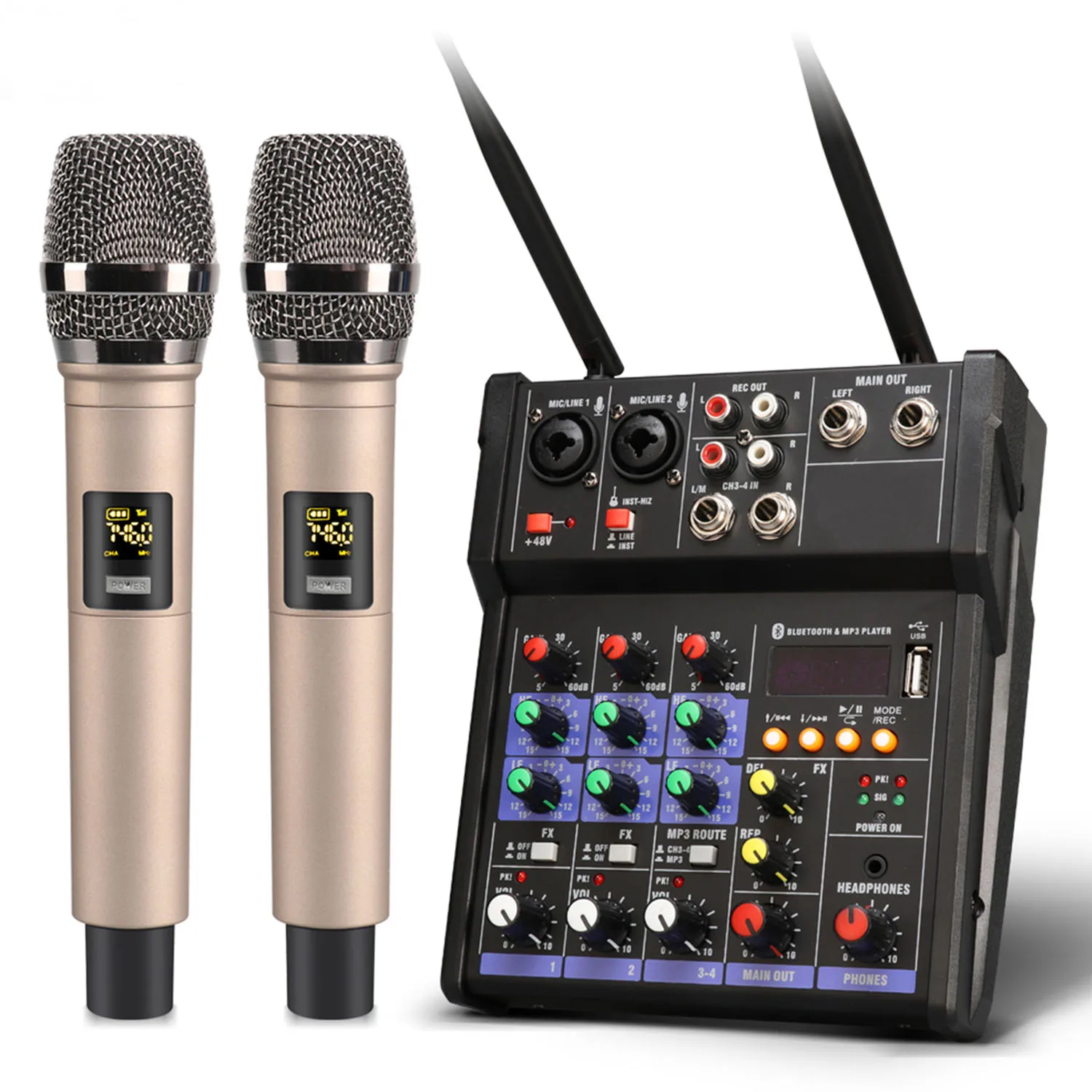 Audio-DJ-Mixer-4-Channels-Console-with-Wireless-Microphone-Sound-Mixing ...