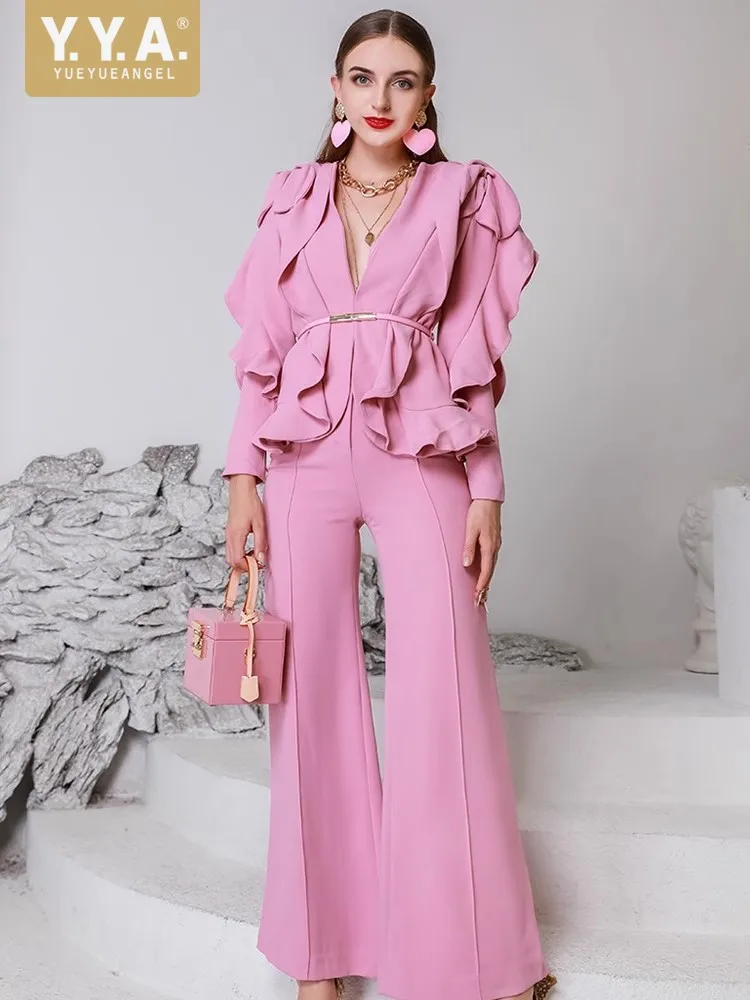 High Quality Office Ladies Work Suit Set Deep V Neck Ruffles Belted ...
