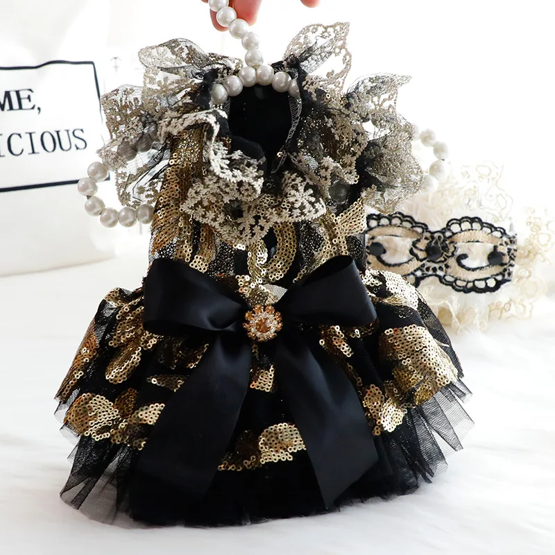 Handmade-Luxury-Pet-Dog-Clothes-Fashion-Fine-Black-Gold-Lace-Sequin-Bow ...