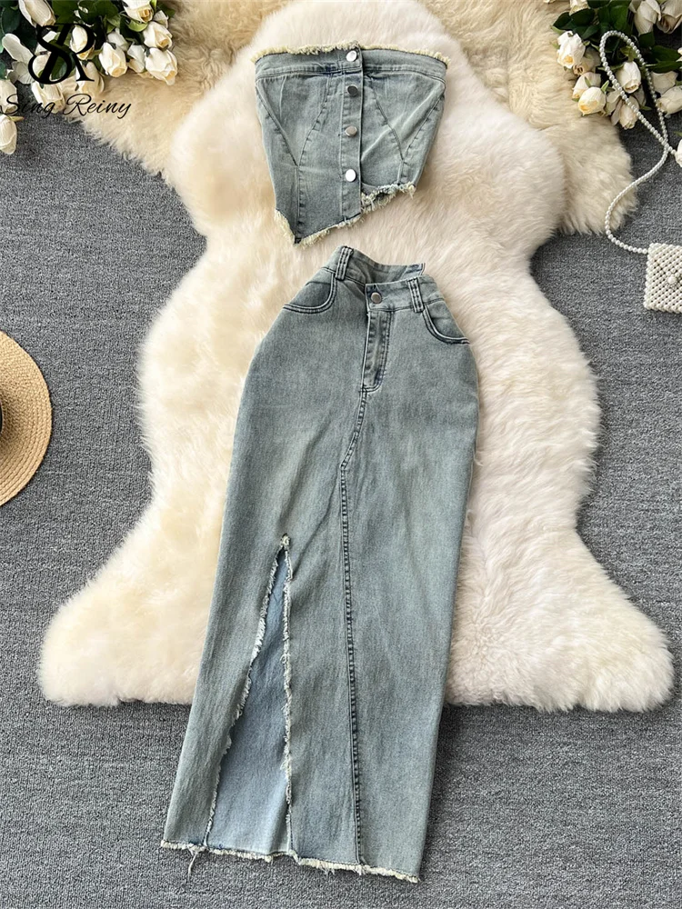 SINGREINY-Streetwear-Irregular-Design-Denim-Two-piece-Set-Strapless ...