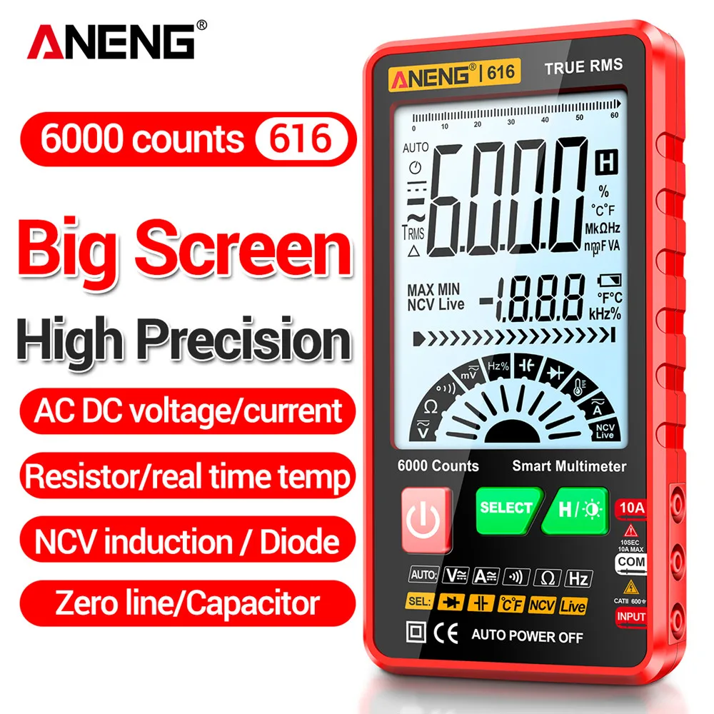 ANENG 616 Large Screen Backlight Digital Multimeter 6000 Counts Ultra thin Intelligent AC DC ...