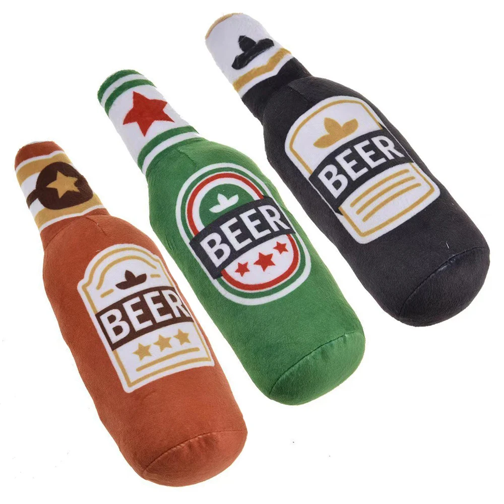 Dog Plush Toys Pet Squeaky Printed Beer Bottle Shape Toy Dog Bite ...