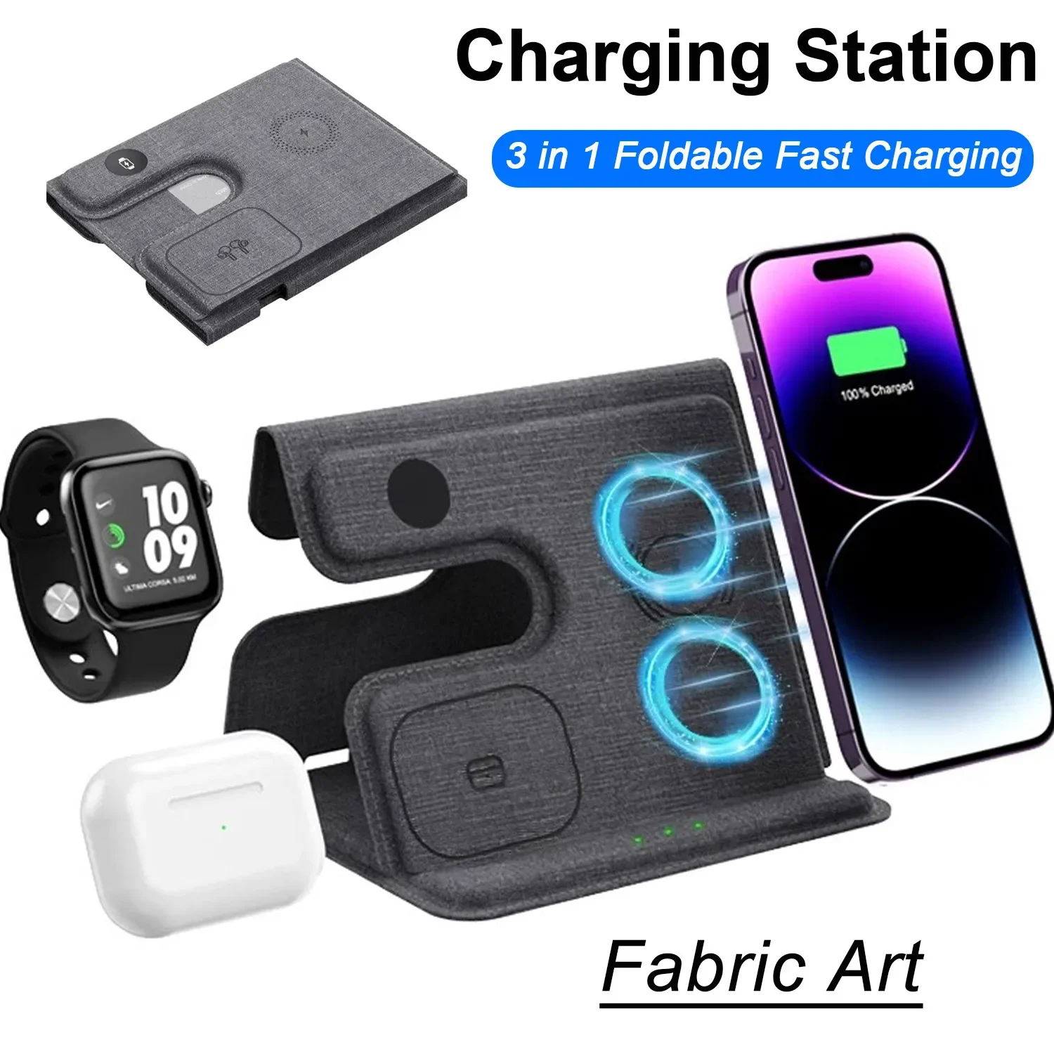 Fabric Art 3 in 1 Wireless Charger Station For iPhone 16 15 14 13 12 ...