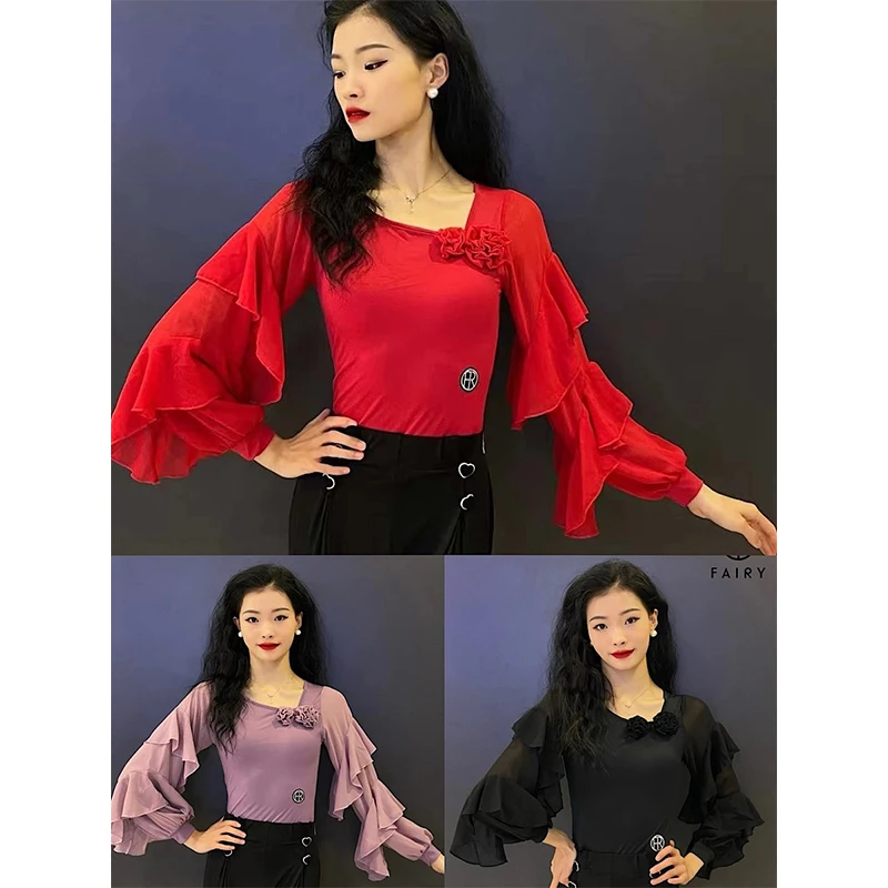 Ballroom-Dance-Tops-Long-Sleeves-Red-Black-Purple-Bodysuit-Women ...