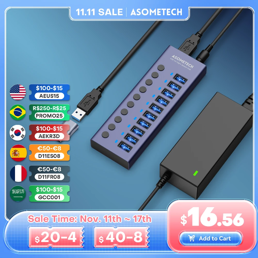 4-7-10-Ports-Hub-USB-3-0-Multi-USB-Splitter-mit-Schalter-Netzteil-Multi ...