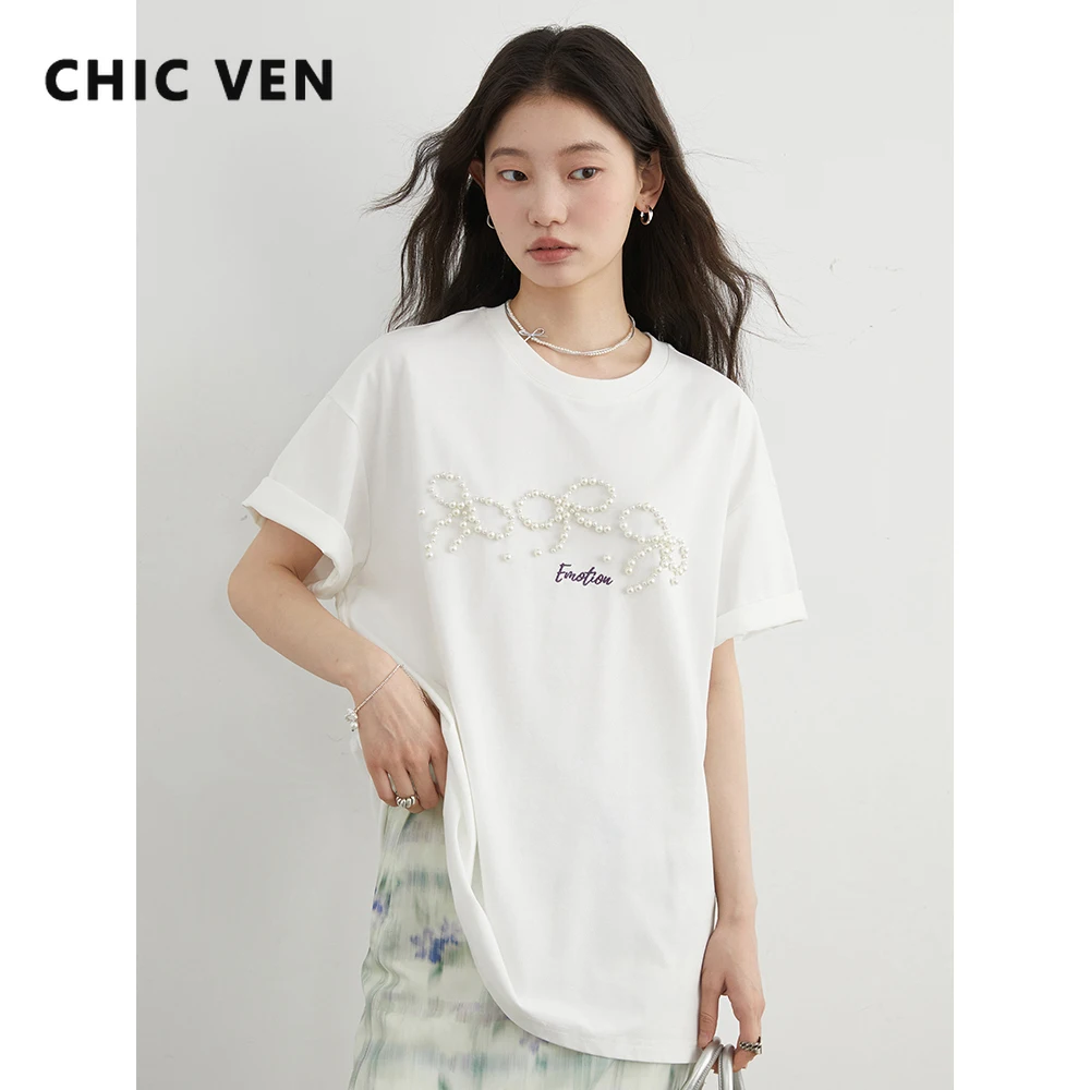 CHIC VEN Women T-Shirts Loose Casual New Original Pearl Bow Nail ...
