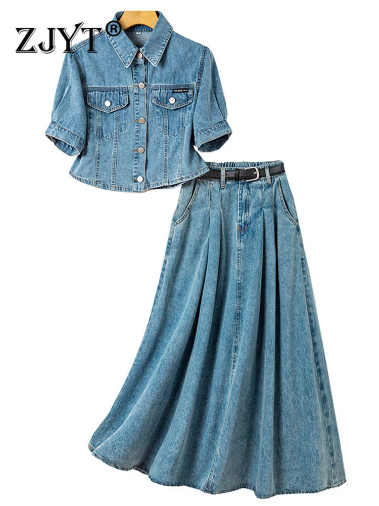ZJYT-Summer-Denim-Dress-Sets-2-Piece-Women-Outfit-Casual-Short-Sleeve ...