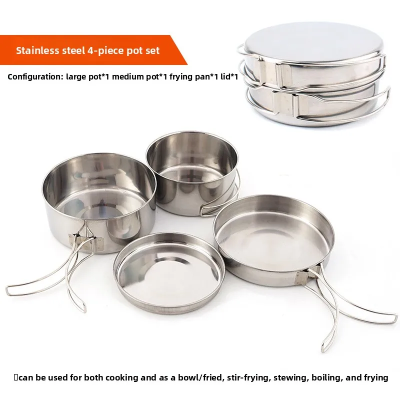 CLS 4pcs/set Stainless Steel Camping Cookware Set - Pot Bowl Utensils ...
