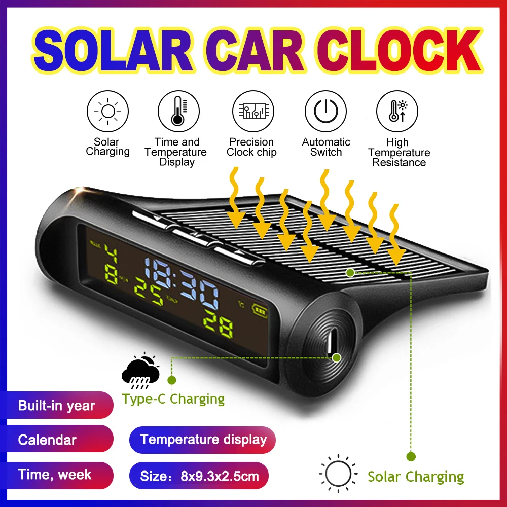Solar Car Digital Clock Driving Time Date Dashboard Wiring-Free High ...