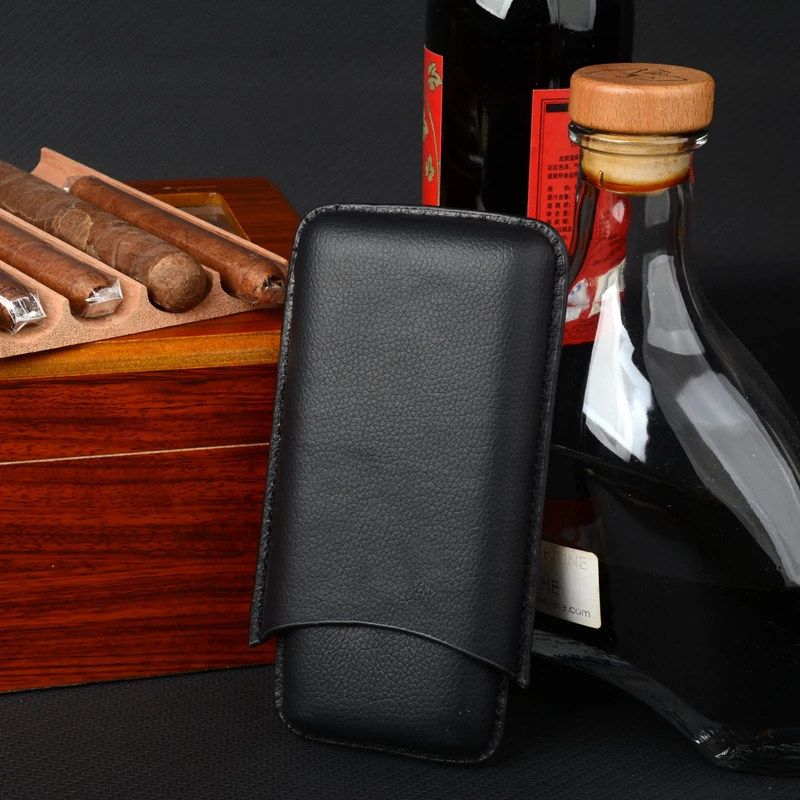 Black-Cigar-Case-Leather-Cigar-Holder-Mini-Travel-Humdor-3-Tubes-54R ...