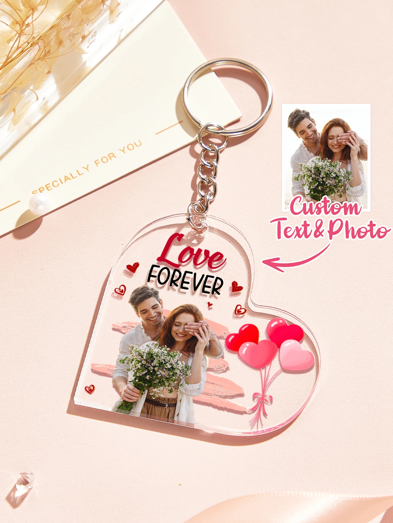Custom Photo Keychain Personalized Heart Acrylic Keyring Couples Best ...