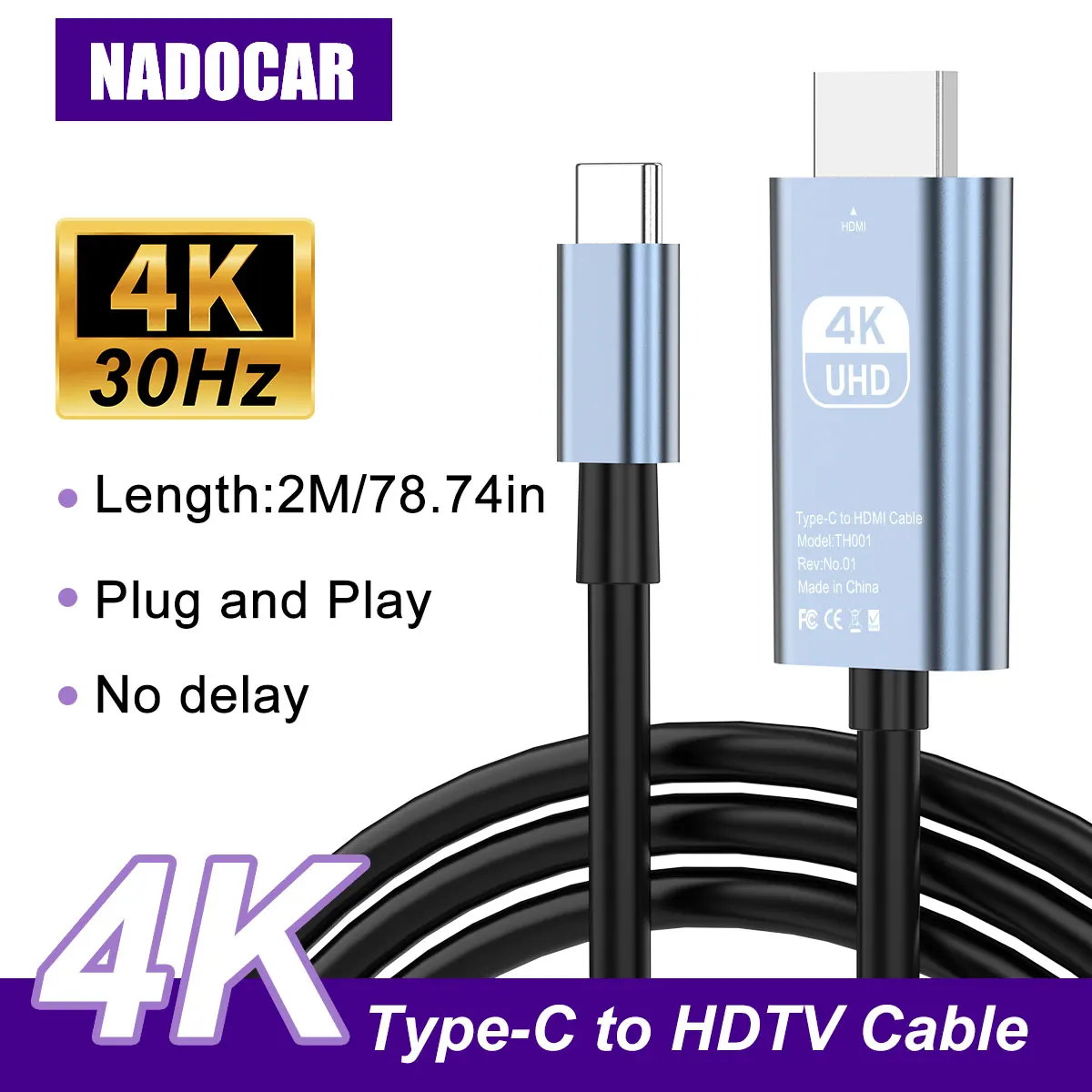 4K30Hz USB C To HDTV Cable, 2m/78.74In/6.56FT Aluminum Shell Type-C To ...