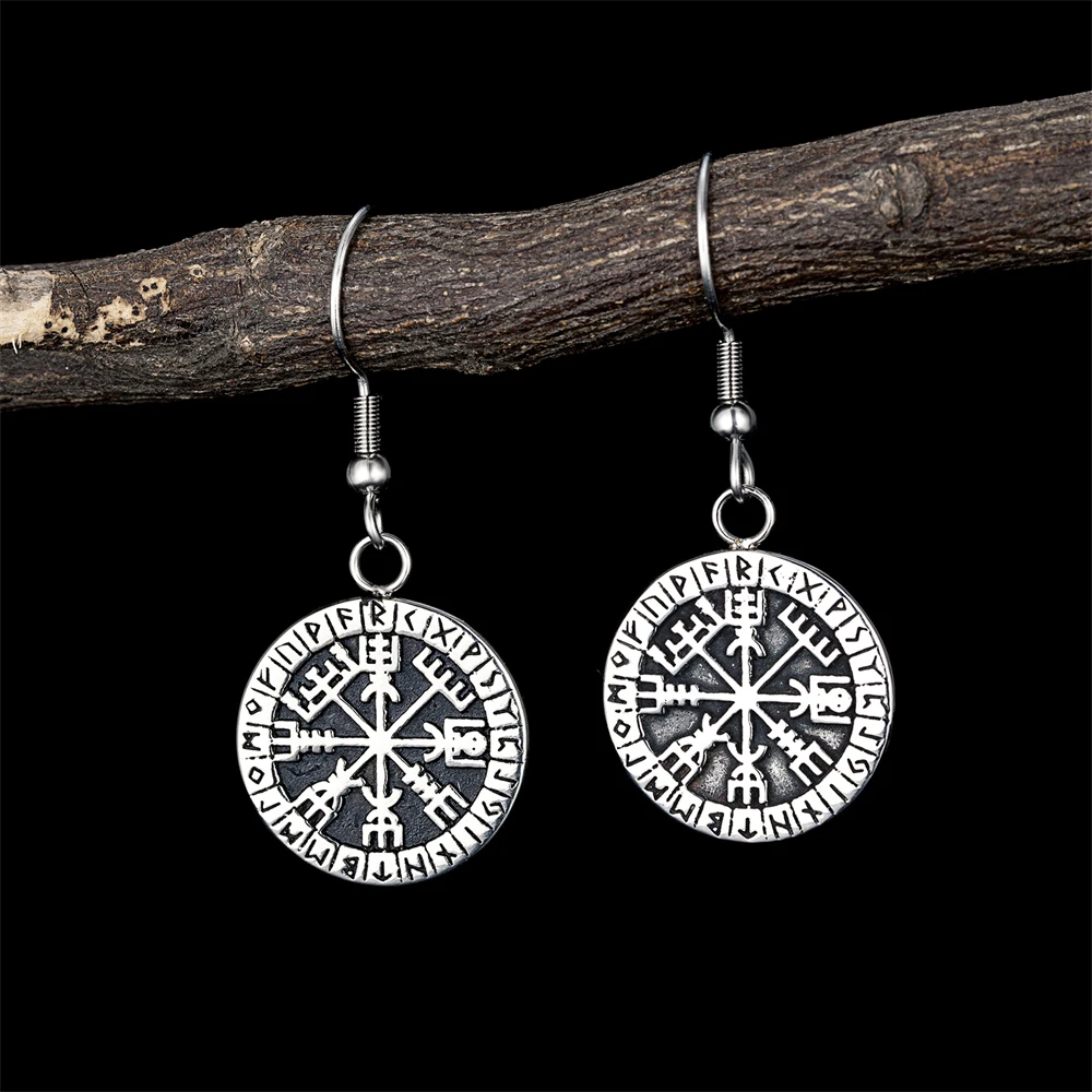 Vikings Runes Vegvisir Drop Earrings Women's Punk Stainless Steel Charm ...