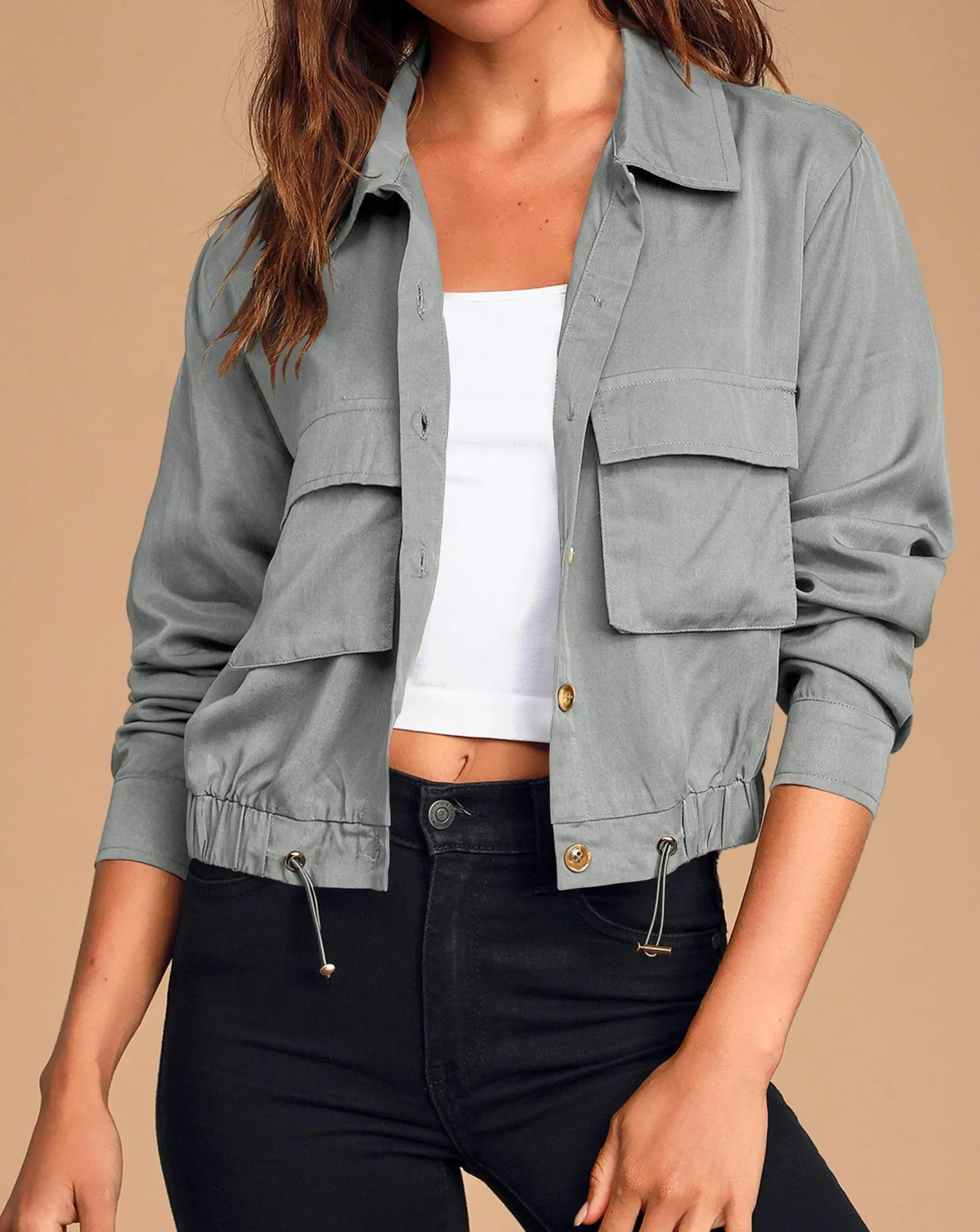 Women-s-Military-Safari-Cropped-Jackets-Button-Down-Lightweight ...