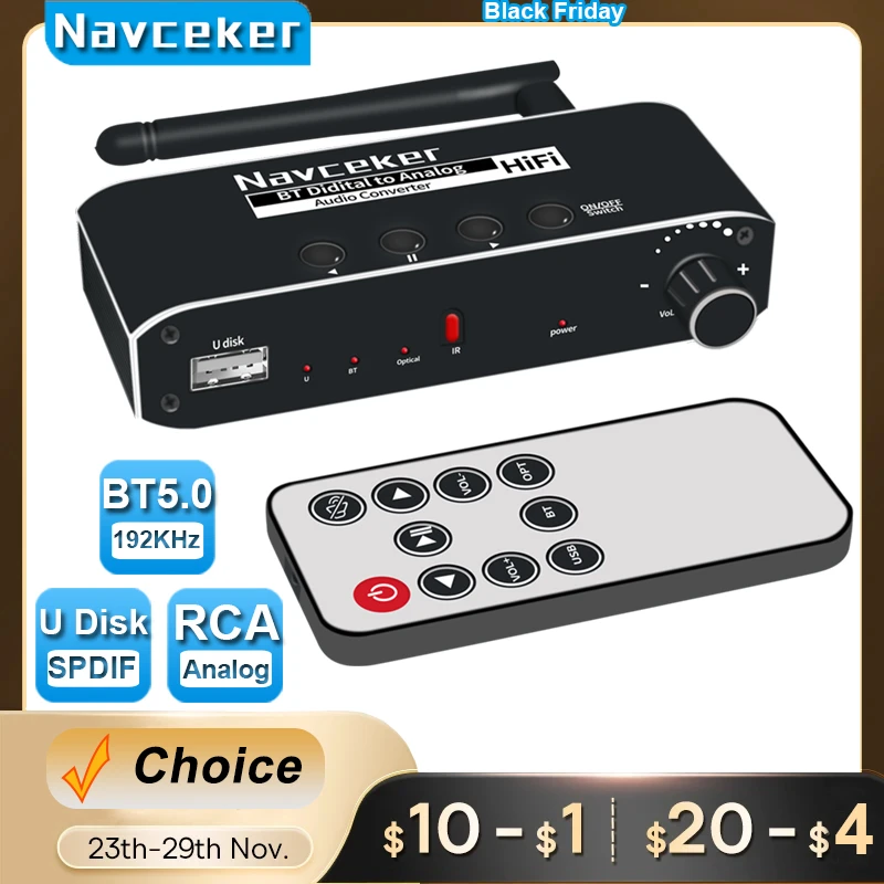 Navceker DAC Digital to Analog Audio Converter With Bluetooth Receiver ...