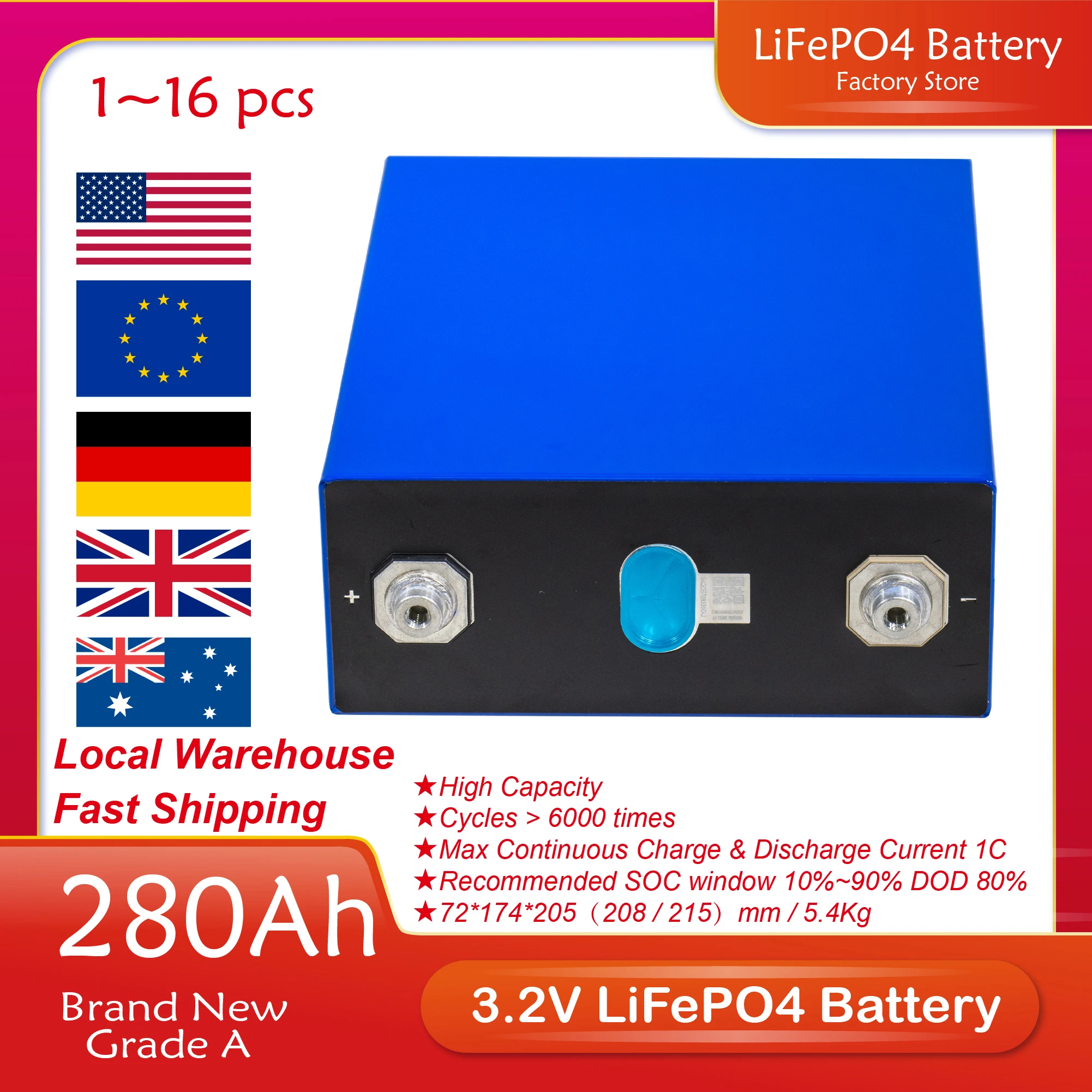New-280Ah-Lifepo4-Battery-280K-3-2V-Rechargeable-Battery-Pack-12V-24V ...