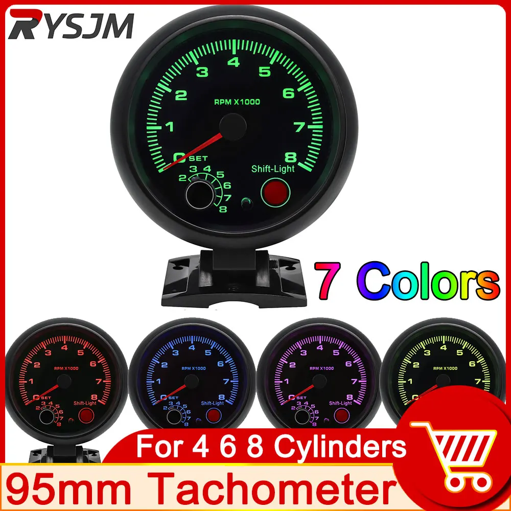95mm Tachometer Black 0-8000 RPM Meter 7 ColorsCar Tacho Meter Gauge ...