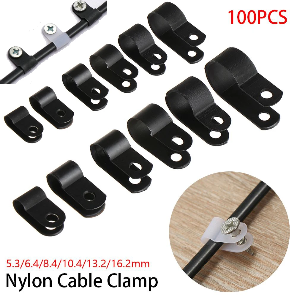 100PCS Plastic P Clips Black Hose Fasteners Cable R-Type Nylon Cable Clamp Mounting Fix Hardware ...