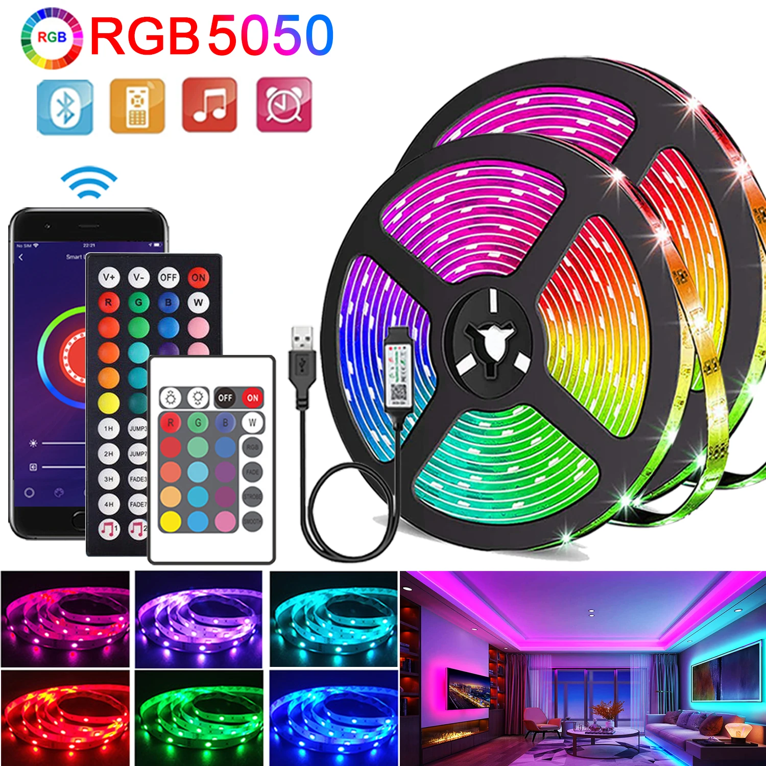 RGB-5050-Led-Strip-Lights-com-controle-remoto-Bluetooth-Led-Tape-Music ...