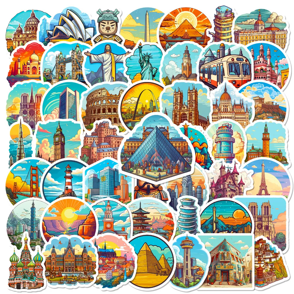 10-50pcs-World-Famous-Building-Stickers-Aesthetic-Travel-Landmark-Decal ...
