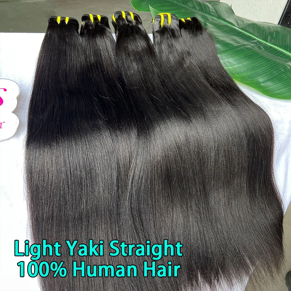 Light Yaki Straight Raw Virgin Human Hair Extensions Weft Weaving #1B ...