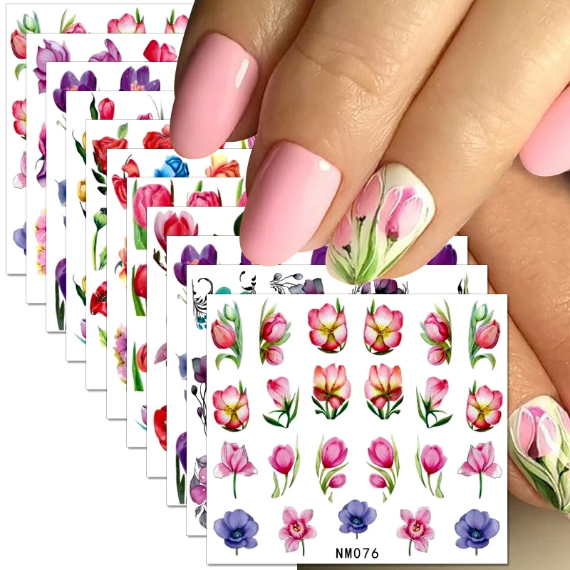 12pcs Pink Tulip Flowers Nail Stickers Lavender Snowdrops Summer 3D ...