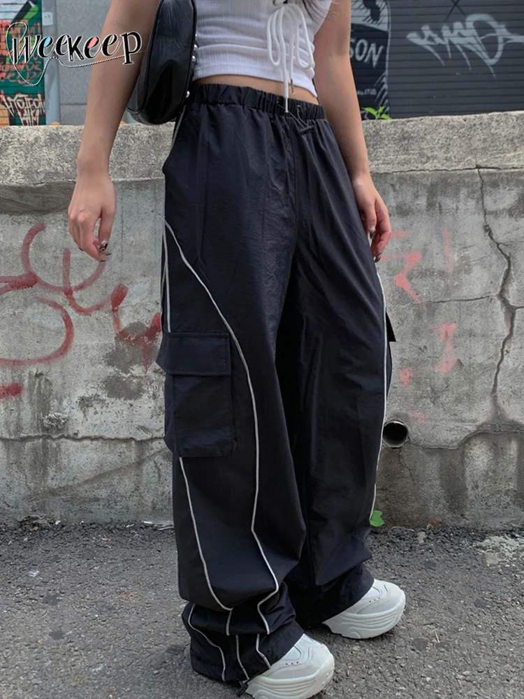 Weekeep-Oversized-Black-Sweatpants-Low-Rise-Side-Stripe-Basic-Cargo ...