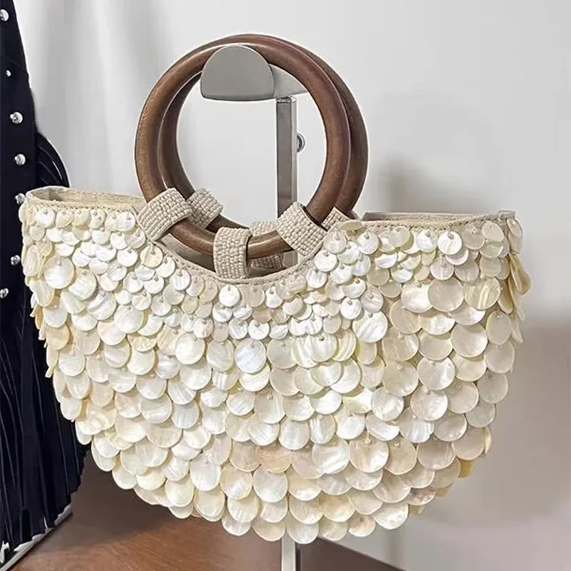 Luxury Purely Handmade Shell Bag Straw Woven Bag Shell Embroidery Tote ...