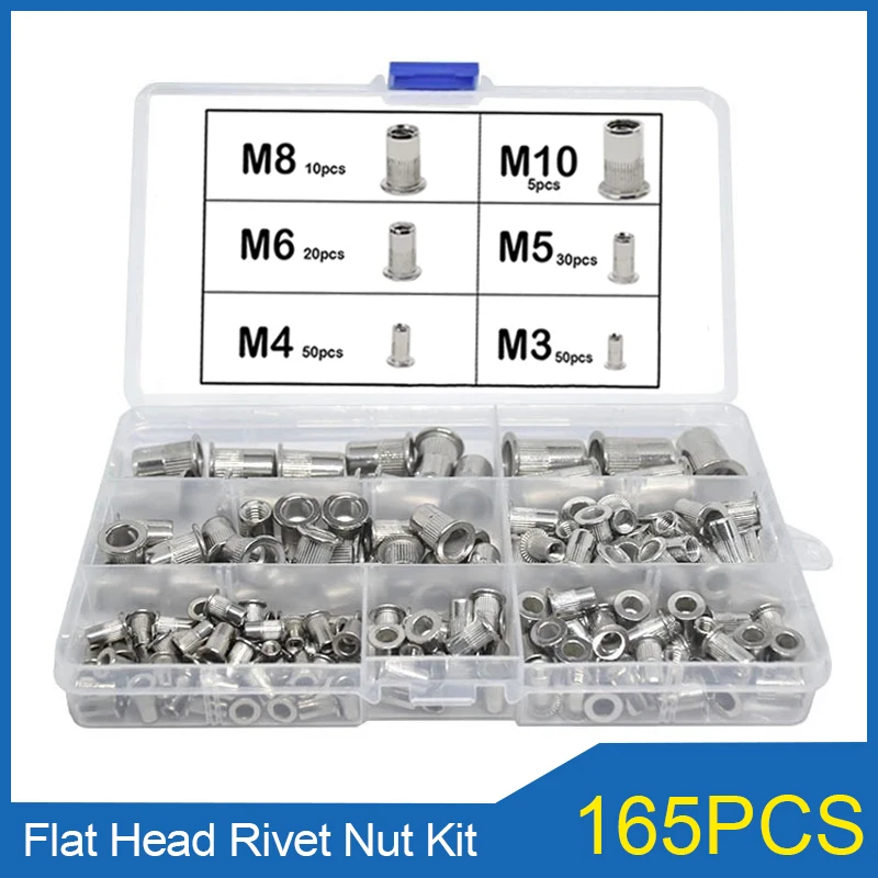 165PCS 304 Stainless Steel Flat Head Vertical Threaded Riveted Nuts Kit ...