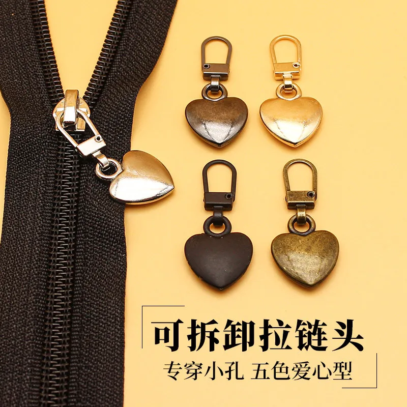 5/10/15/20pcs Detachable Metal Zipper Pullers Heart Shape Zipper Sliders Head Zipper Pull Tab ...
