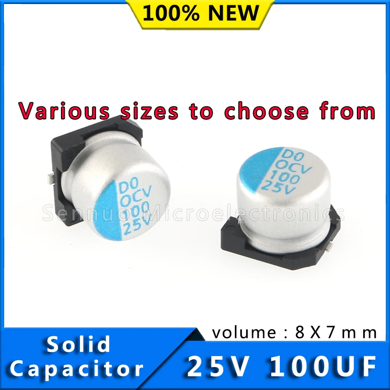 10PCS SMD Solid Capacitor 25V 100UF 8x7mm 6x8mm 6*5MM 25V100uF For ...