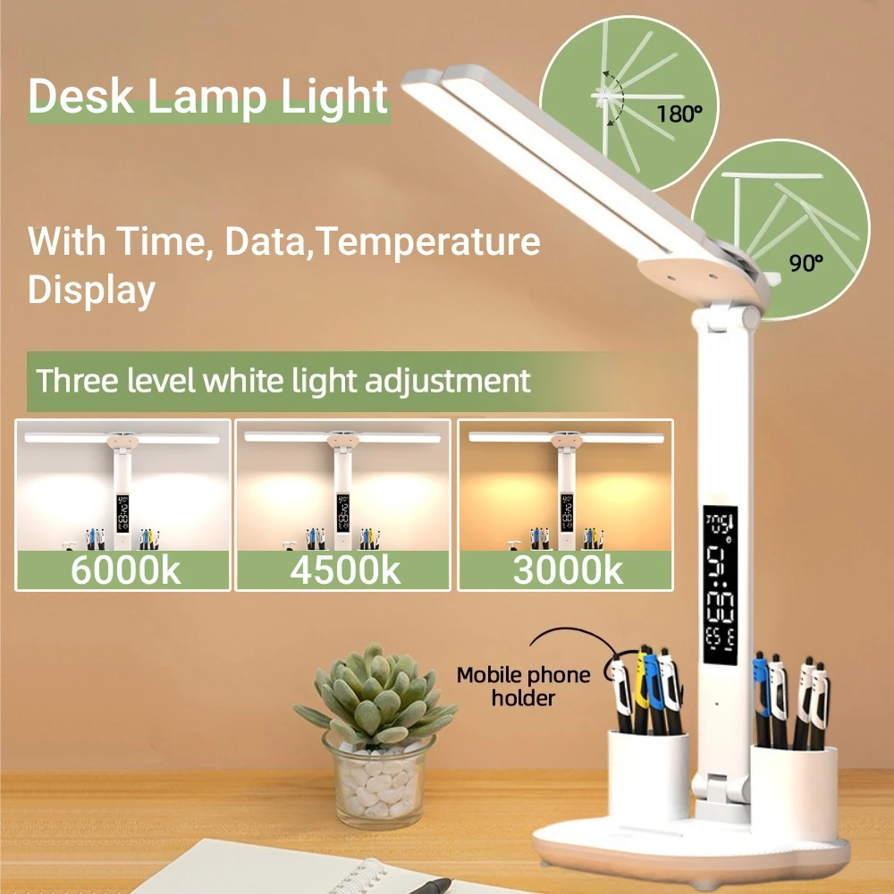 New-USB-LED-Clock-Dimmable-Desk-Lamp-2-Heads-180-Degree-Rotation ...