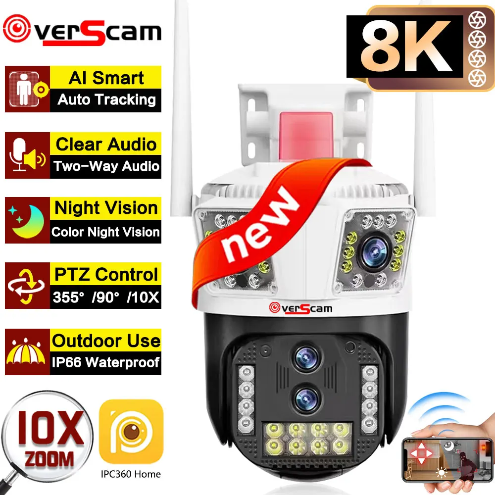 8K 16MP WIFI IP Camera Outdoor 10X Zoom Auto Tracking 4K PTZ Four Lens ...