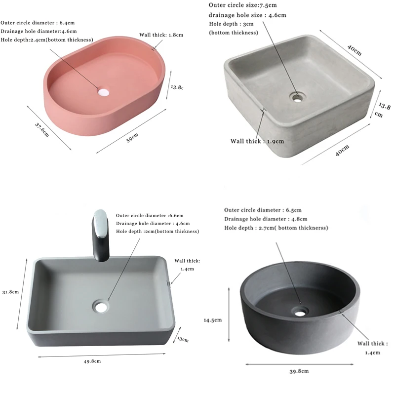Concrete basin Sink Silicone Mold Simple square round oval hand-made ...